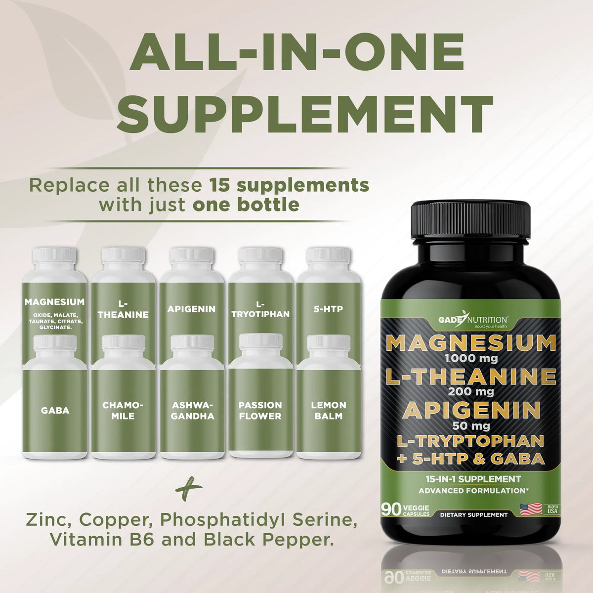 Magnesium with L-Theanine, Apigenin, L-Tryptophan, 5 HTP, GABA - Blend ...